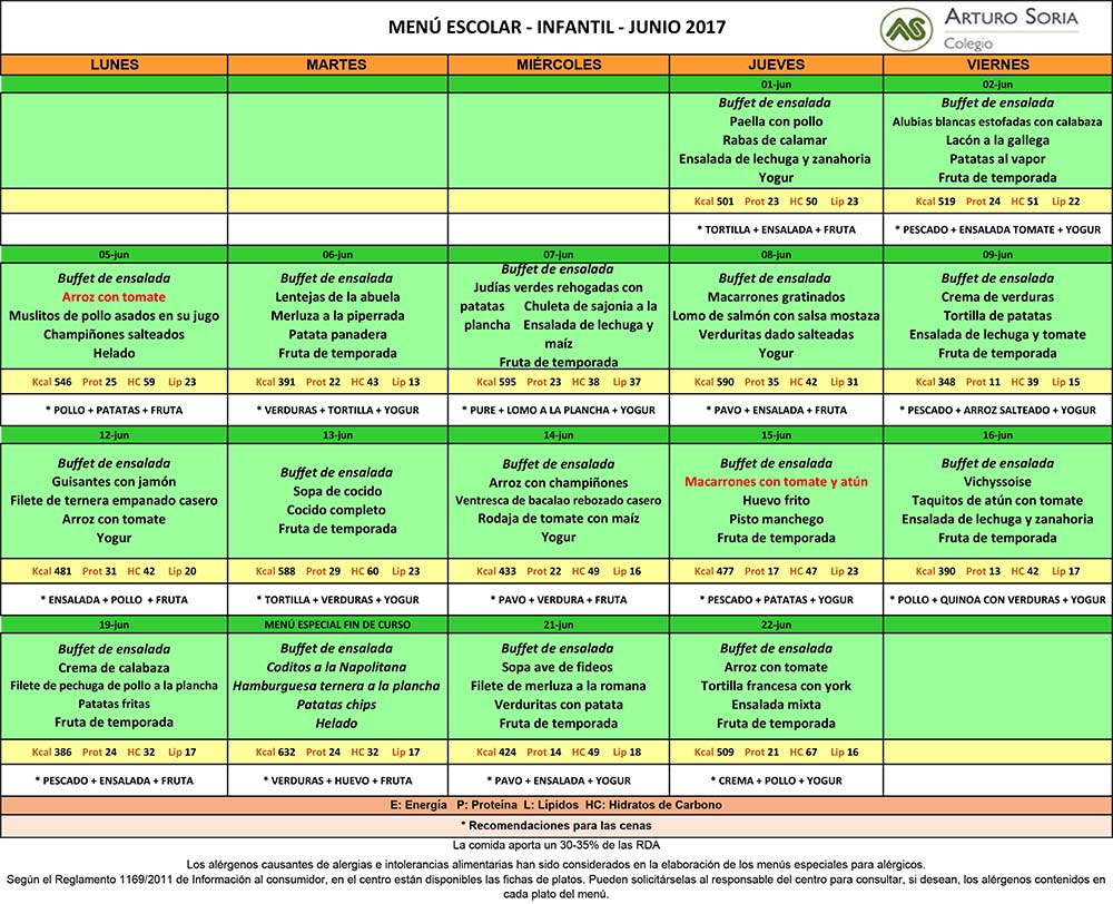 MENU BASAL INFANTIL JUNIO 2017 - Colegio Arturo Soria