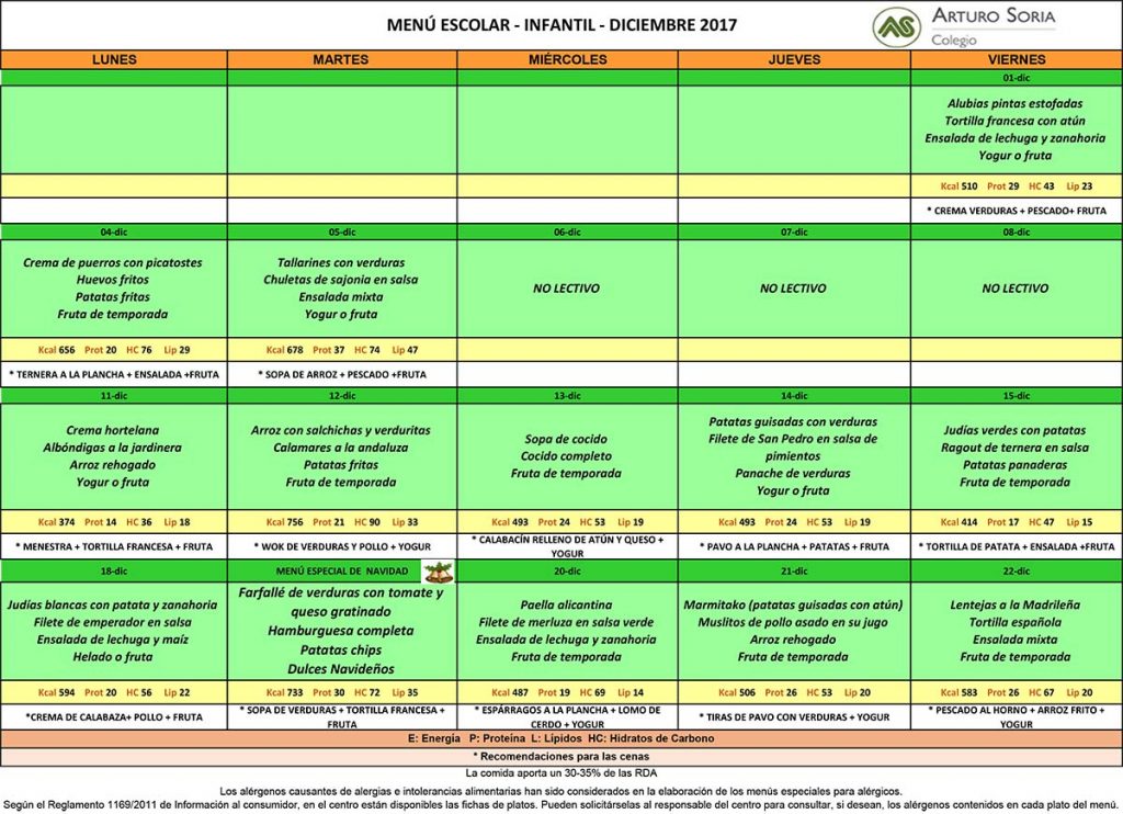 MENU BASAL INFANTIL DICIEMBRE 2017 - Colegio Arturo Soria