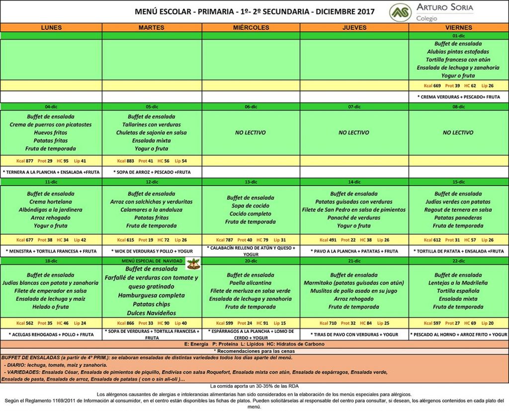 MENU BASAL PRIMARIA Y 1º-2º SECUNDARIA DICIEMBRE 2017 - Colegio Arturo ...