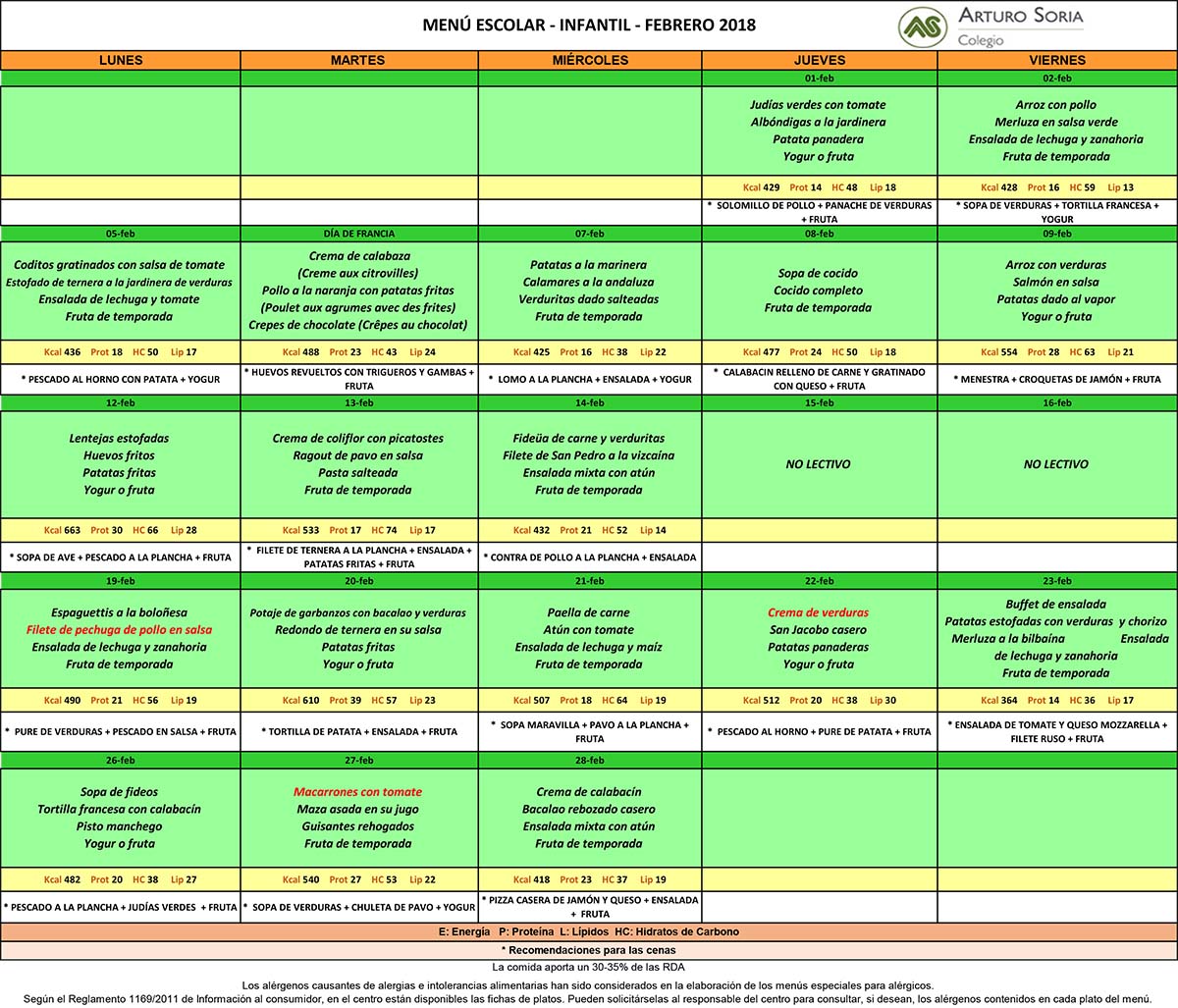 MENU BASAL INFANTIL FEBRERO-18 - Colegio Arturo Soria