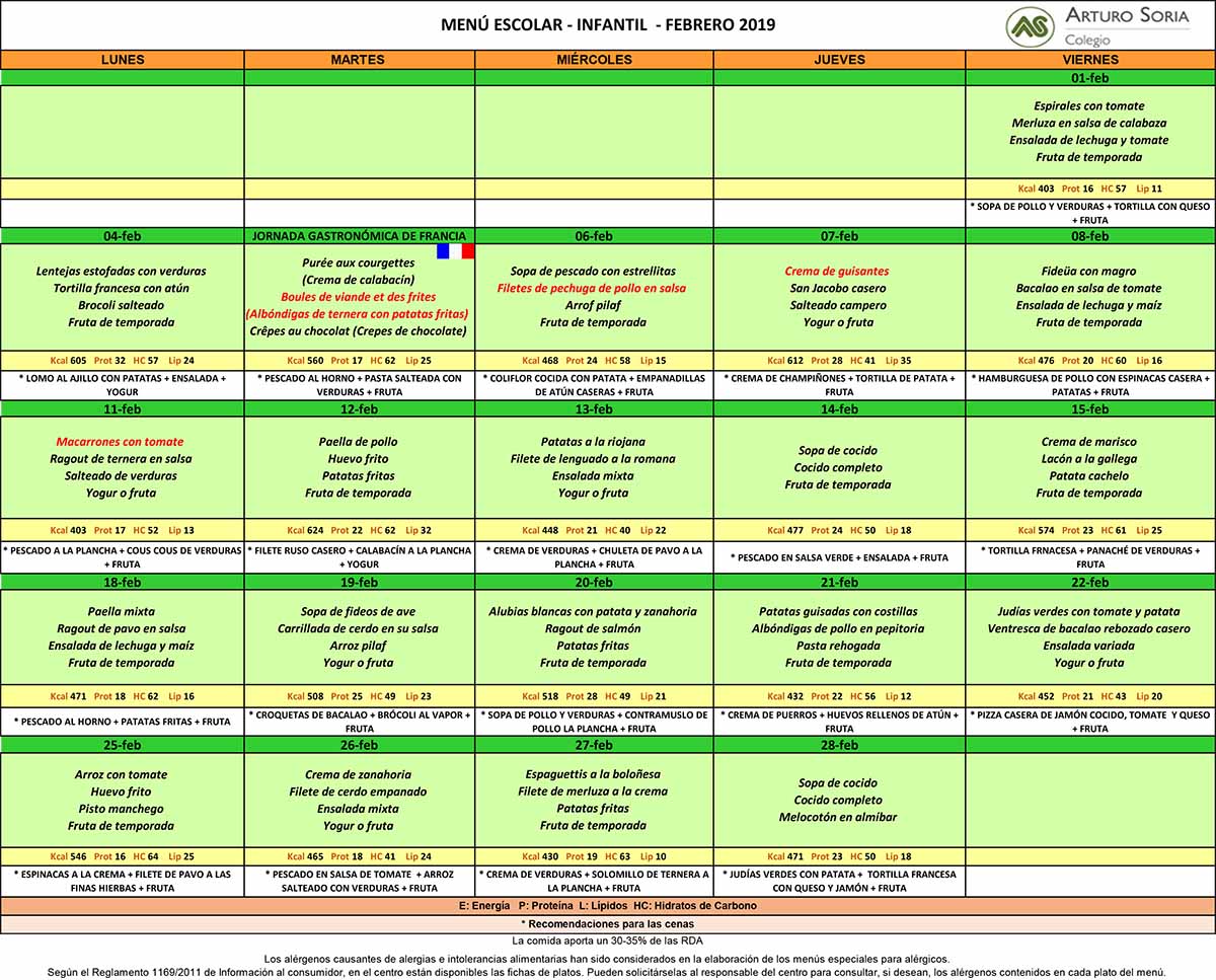 MENU BASAL INFANTIL FEBRERO - Colegio Arturo Soria