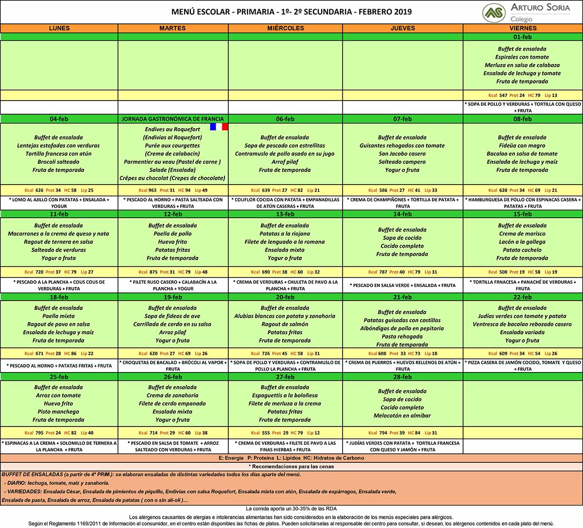 MENU BASAL PRIMARIA 1-2 SECUNDARIA FEBRERO - Colegio Arturo Soria