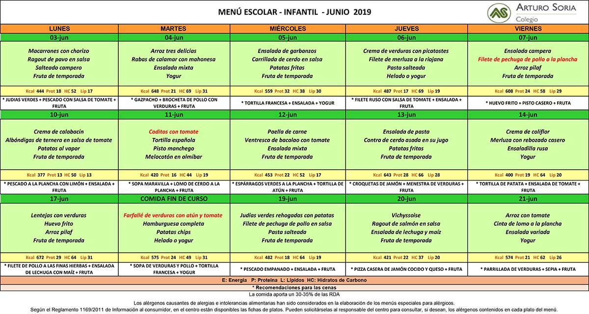 MENU BASAL INFANTIL JUNIO 2019 - Colegio Arturo Soria