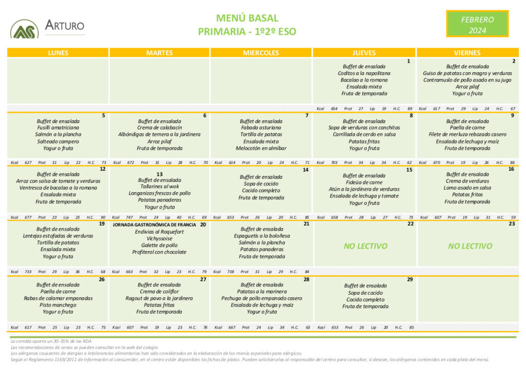 MENU-BASAL-PRIMARIA-1-2-SECUNDARIA-FEBRERO-24 - Colegio Arturo Soria